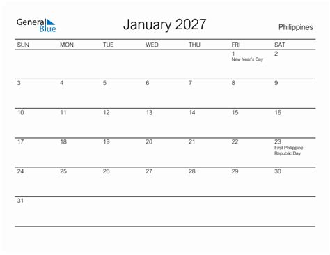 January 2027 Monthly Calendars With Philippines Holidays