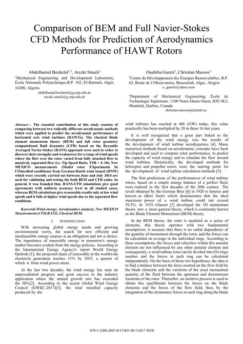 Pdf Comparison Of Bem And Full Navier Stokes Cfd Methods For Prediction Of Aerodynamics