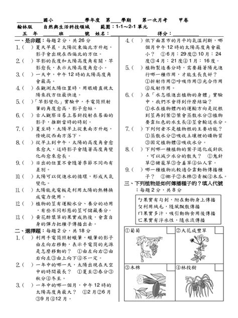01 5上自然與生活科技第一次段考 1 1 2 1單元 甲卷 題目卷 111f411864 pdf