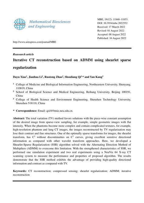 Pdf Iterative Ct Reconstruction Based On Admm Using Shearlet Sparse Regularization