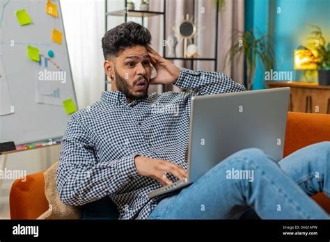 Frustrated Indian Arabian Man Having Software Problems With Laptop Angry Guy Nervous Seeing