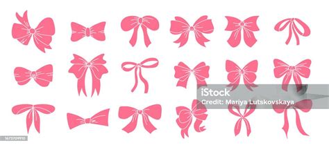 선물 활 세트입니다 핑크 실루엣 생일 및 크리스마스 우아한 리본 선물 장식 상자 포장을 위한 다른 장식 래핑 요소 카드 랩 팩 벡터 격리 집합 개체 그룹에 대한 스톡 벡터