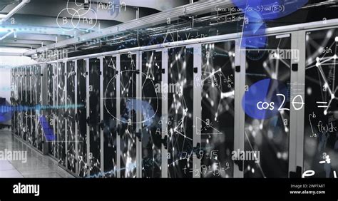 Image Of Mathematical Equations And Data Processing Against Empty Computer Server Room Business