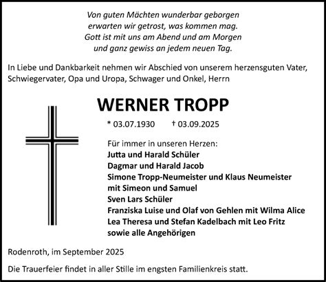 Traueranzeigen Von Werner Tropp Vrm Trauer De