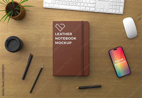Notebook On Wood Table Mockup Stock Template Adobe Stock