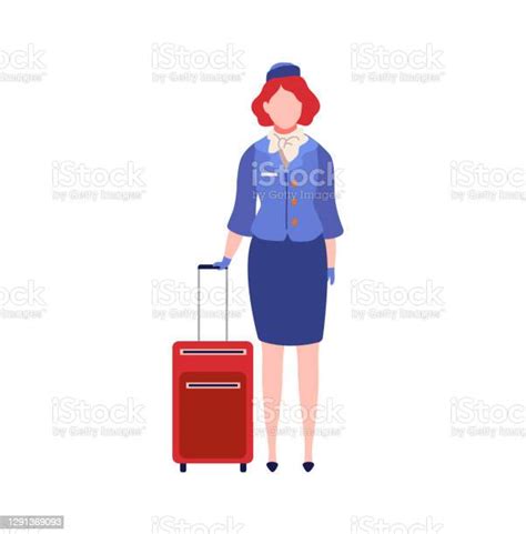 가방만화 스튜어디스 파란색 유니폼을 입은 여성 항공 안주인 수하물을 장착한 항공기 직원 상업 여행 및 여행 캐릭터 항공 전문 플랫 벡터 일러스트레이션 비행기에 대한 스톡