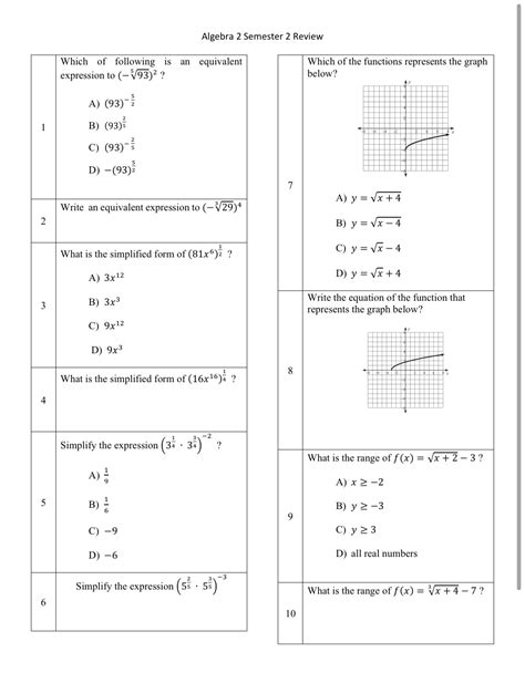 Solved Algebra 2 Semester 2 Review Which Of Following Is An