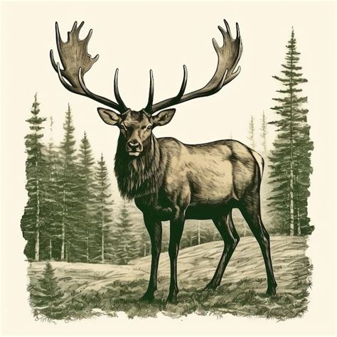 Vintage Engraved Elk Portrait In Midcentury Style Premium Ai