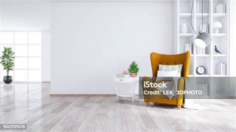 거실 흰 벽과 나무 바닥 3d 렌더링에 흰 테이블 노란색 안락의 현대적이 고 미니멀한 인테리어 0명에 대한 스톡 사진 및 기타 이미지 Istock