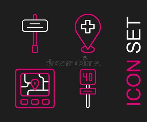 Set Line Road Traffic Sign Gps Device With Map Medical Location Cross And Icon Vector Stock