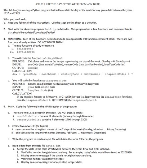 Calculate The Day Of The Week From Any Date This Lab