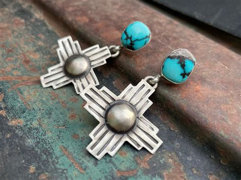 Turquoise Earrings Sterling Silver Zia Cross By Navajo Ronnie Willie