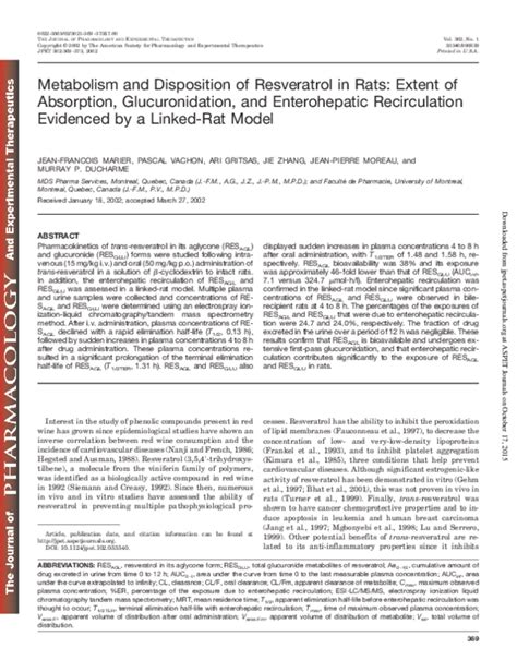 Pdf Metabolism And Disposition Of Resveratrol In Rats Extent Of Absorption Glucuronidation