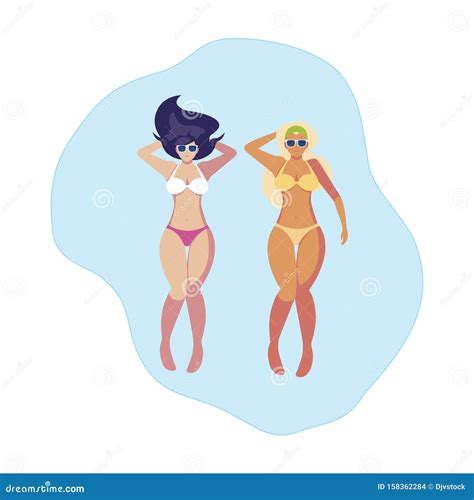 Beautiful Girls Couple With Swimsuits Floating In Water Stock Illustration Illustration Of