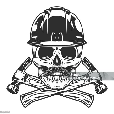 콧수염과 헬멧 안전모 빌더가 있는 해골은 흑백 빈티지 스타일의 일러스트레이션으로 신축 및 리모델링 주택 사업에서 망치를 건넜습니다 개선에 대한 스톡 벡터 아트 및 기타