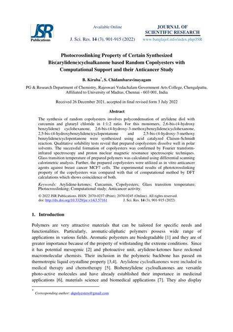 Pdf Photocrosslinking Property Of Certain Synthesized Bisarylidene