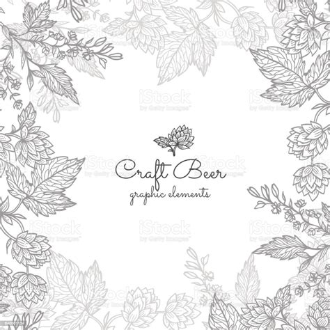 맥주 호프 분기 잎 및 홉 콘입니다 빈티지 라벨 포장 생산 과정 양조장 맥주와 함께 포스터에 새겨진된 홉 손으로 그린된 디자인 요소입니다 고립 된 모든 요소 0명에 대한