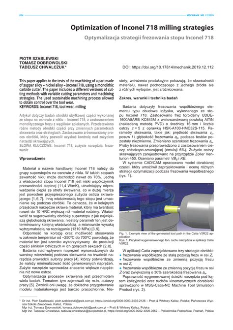 Pdf Optimization Of Inconel 718 Milling Strategies