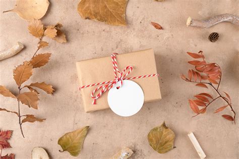 가을 배경 낙엽 공예 종이와 선물 태그 모형으로 로프로 싸인 수제 선물이있는 건조한 식물 0명에 대한 스톡 사진 및 기타 이미지 Istock