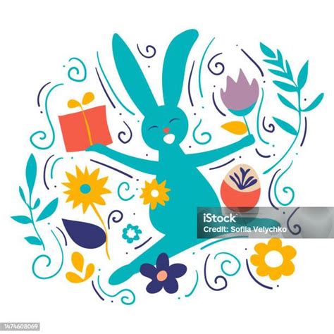 토끼 실루엣 레터링 계란 꽃 장식이 있는 행복한 부활절 엽서 0명에 대한 스톡 벡터 아트 및 기타 이미지 0명 공휴일 귀여운 Istock