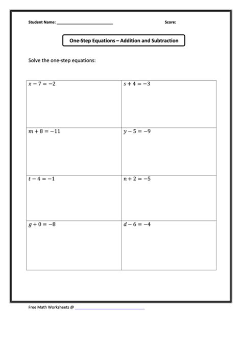 One Step Addition And Subtraction Equations