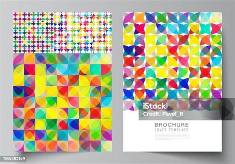 A4 형식의 벡터 레이아웃 현대 표지 모형 브로셔 잡지 전단지 소책자 보고서에 대한 템플릿을 디자인합니다 추상 배경 밝은 원 기하학적 모양과 기하학적 모자이크 패턴 0명에