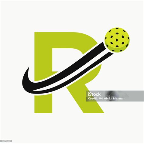 움직이는 피클볼 심볼이 있는 문자 R 피클볼 로고 개념 피클볼 로고 Championship에 대한 스톡 벡터 아트 및 기타