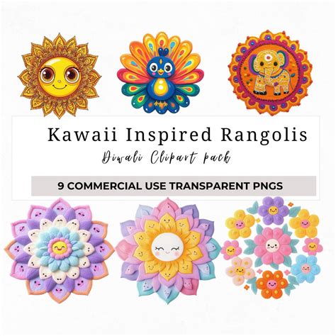 Kawaii Inspired Vibrant Rangolis Cute And Vibrant Clipart For Diwali
