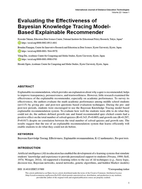 Evaluating The Effectiveness Of Bayesian Knowledge Pdf Educational