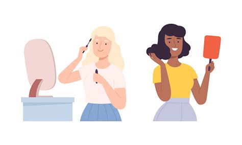 거울 세트를보고있는 아름다운 여성 쾌활한 긍정적 인 소녀 메이크업을 적용하고 헤어 스타일 만화 벡터 일러스트 레이 션을 만들기 개성 개념에 대한 스톡 벡터 아트 및 기타