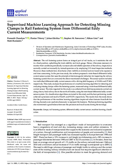 Pdf Supervised Machine Learning Approach For Detecting Missing Clamps In Rail Fastening System