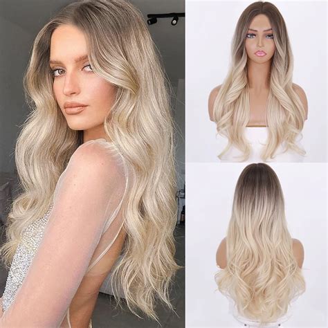 여성용 긴 웨이브 합성 가발 옴브레 라이트 블론드 플래티넘 긴 웨이브 중간 부분 헤어 가발 자연 내열성 코스프레 가발