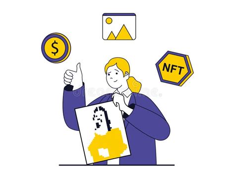 Nft Token Concept With Character Situation Woman Sells Or Buys Digital Masterpieces Of Digital