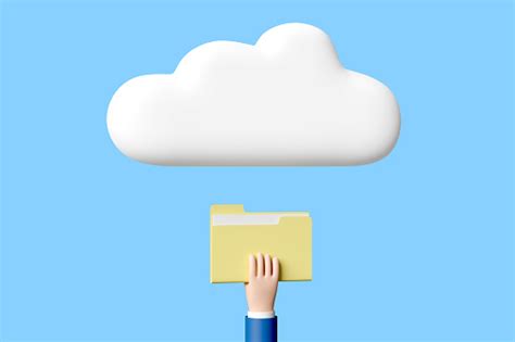 파란색 배경에 고립 된 구름 아래에 파일이있는 폴더를 들고있는 만화 손 3d 일러스트레이션 클라우드 컴퓨팅에 대한 스톡 사진 및
