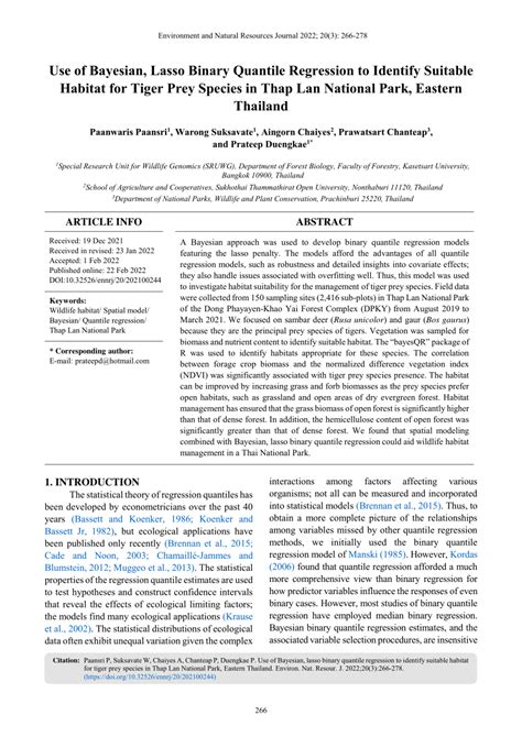 Pdf Use Of Bayesian Lasso Binary Quantile Regression To Identify Suitable Habitat For Tiger