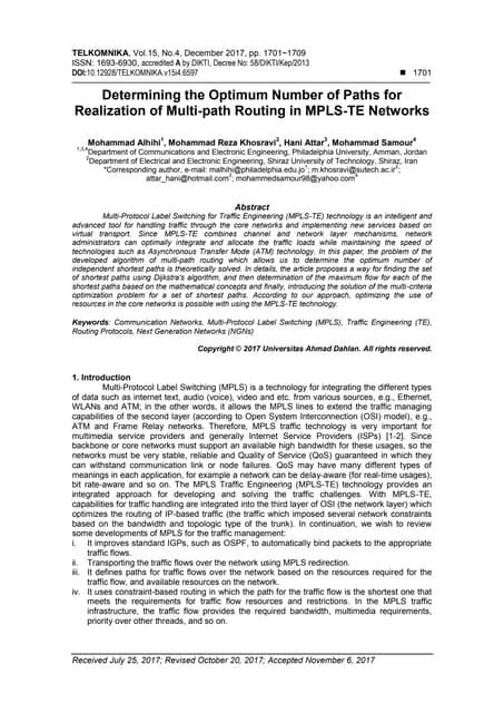 Determining The Optimum Number Of Paths For Realization Of Multi Path Routing In Mpls Te