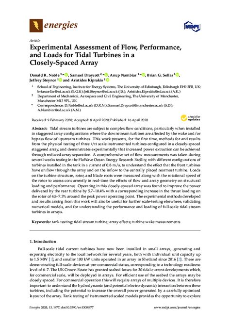 Pdf Experimental Assessment Of Flow Performance And Loads For Tidal Turbines In A Closely