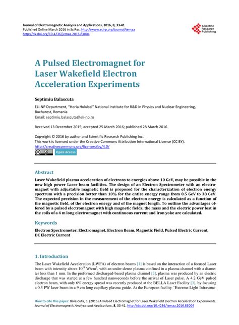 Pdf A Pulsed Electromagnet For Laser Wakefield Electron Acceleration