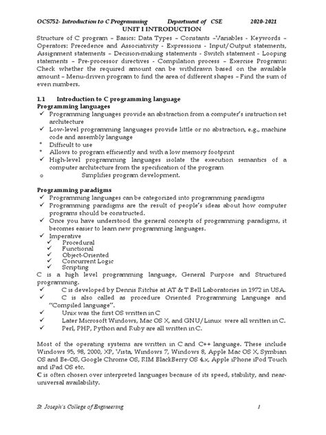 unit i introduction ocs752 introduction to c programming department of cse 2020 2021 pdf