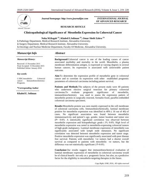 Pdf Clinicopathological Significance Of Mesothelin Expression In Colorectal Cancer Dokumen Tips