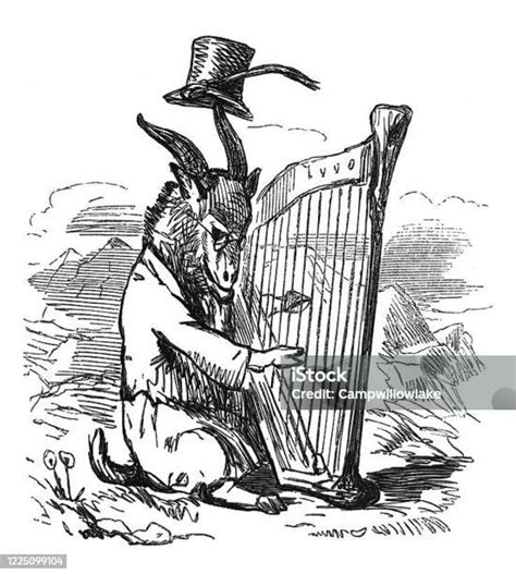 영국 풍자 만화 캐리커처 일러스트 하프를 재생 하는 상단 모자를 입고 염소 역사에 대한 스톡 벡터 아트 및 기타 이미지 역사 음악 전통 Istock