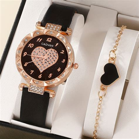 Womens Watch Cute Heart Quartz Watch Sparkling Rhinestone Temu