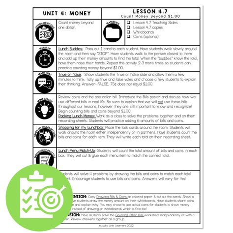 Lucky To Learn Math Count Money Beyond One Dollar Lesson 47 Lesson Plan Lucky Little