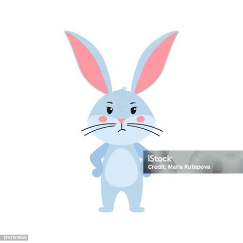 악 화난 만화 토끼 또는 토끼 우울한 토끼는 엉덩이에 손을 얹고 서 있습니다 어린이 티셔츠 인사말 카드 포스터 인쇄 흰색 배경에
