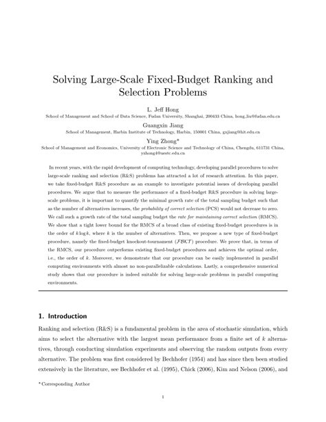 Pdf Solving Large Scale Fixed Budget Ranking And Selection Problems