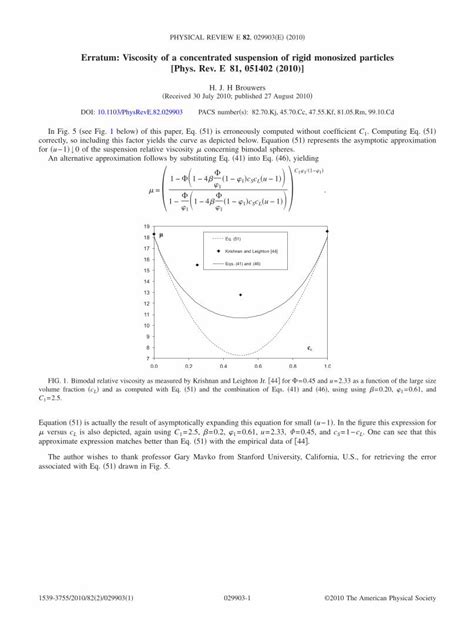 Pdf Erratum Viscosity Of A Concentrated Suspension Of Rigid Monosized Particles [phys Rev E