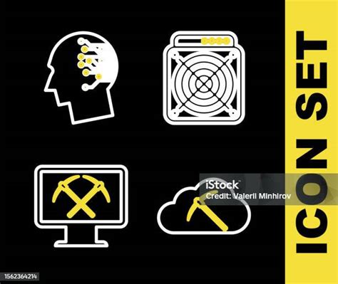 라인 Asic 광부 암호화폐 클라우드 광업 모니터와 곡괭이로 채굴 비트코인 생각 아이콘을 설정합니다 벡터 0명에 대한 스톡 벡터 아트 및 기타 이미지 Istock