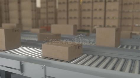 Automated Robotic Arm In Smart Distribution Warehouse Cardboard Boxes On Conveyor Belt Line