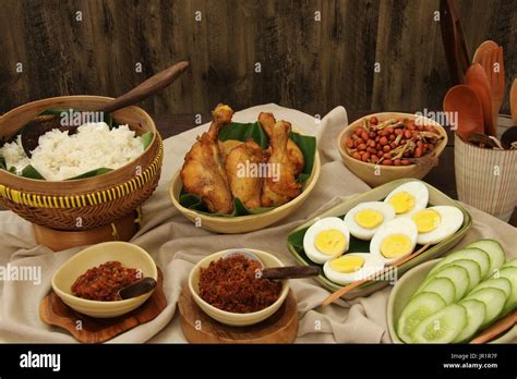 Nasi Lemak Malaysian Savory Rice Dish With Fried Chicken Egg Peanuts Anchovies And Chili