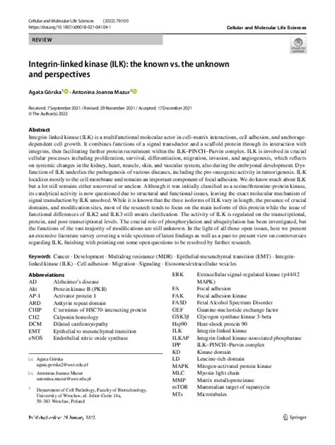 Pdf Integrin Linked Kinase Ilk The Known Vs The Unknown And Perspectives